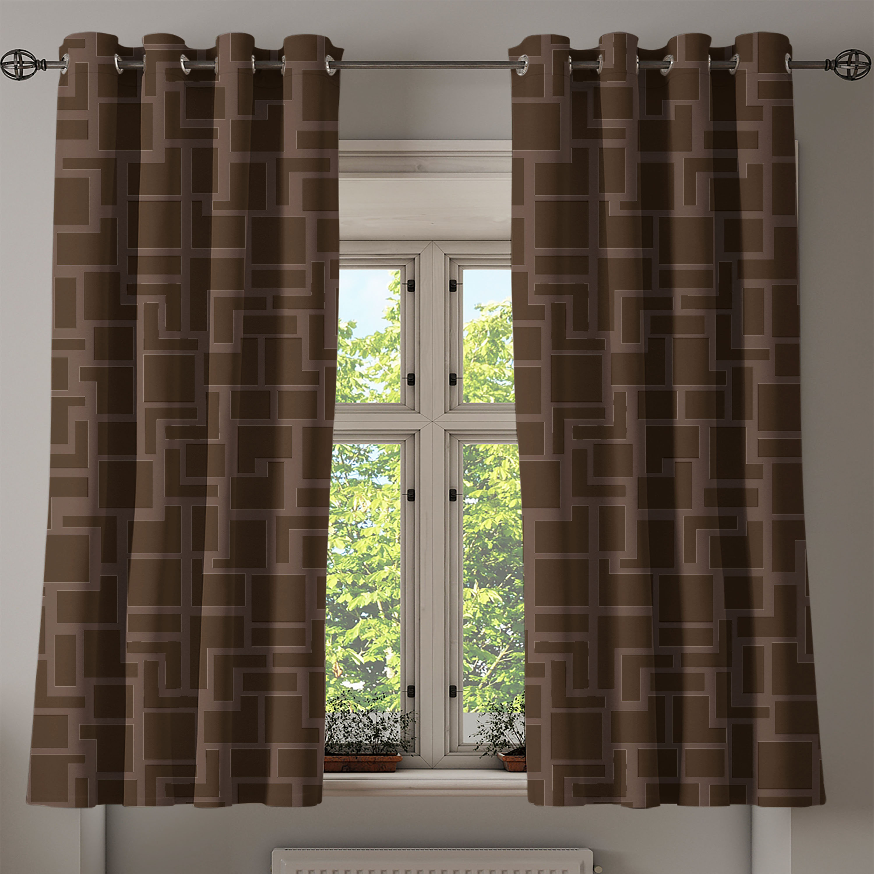 Latitude Run® Geometric Design Grommet Curtain Square Art Pattern 50" x 108" Dark Cocoa Umber ...